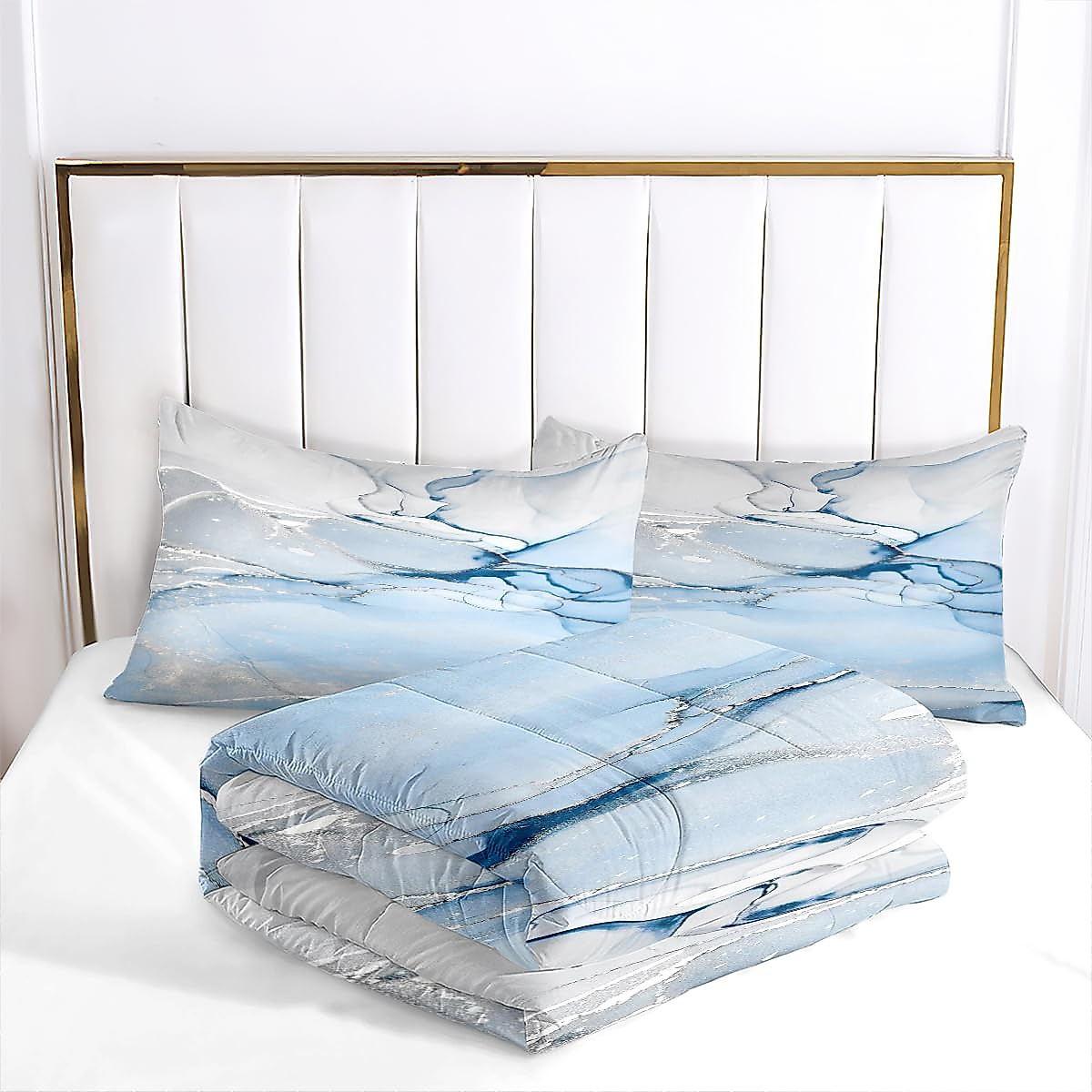 Albideyaa Light Blue Abstract Art Marble Pattern Comforter Set Full Size Soft Microfiber Marbling Print Boys Girls Teens Duvet Bedding Set Modern Home Bedroom Decor Quilt Set with 2Pillowcases