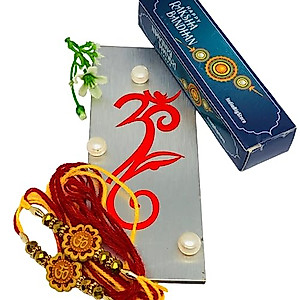 TheNext7 Set of 2 OM Rakhi for Brother Bhaiya Bhabhi Traditional, Flower Om Pendant with Golden Beads and Rings Rakhi Thread