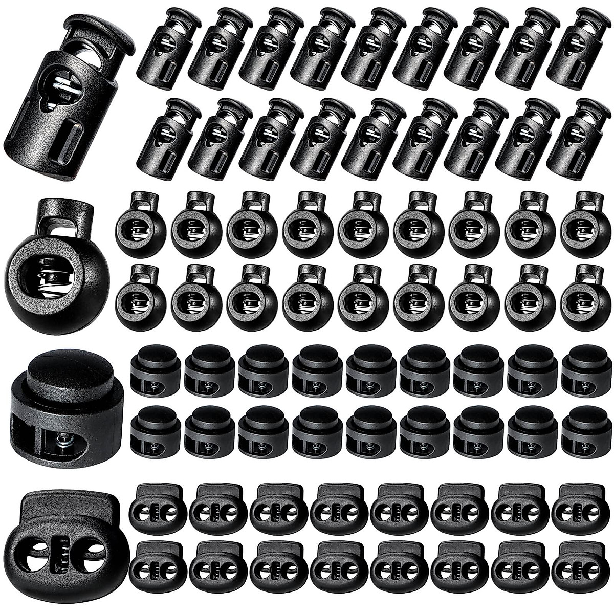 CLESDF 160 Pcs Plastic Cord Locks, Single Double Hole Spring Stop Toggle Stoppers for Drawstrings, Shoelaces, Bags, More, 4 Styles
