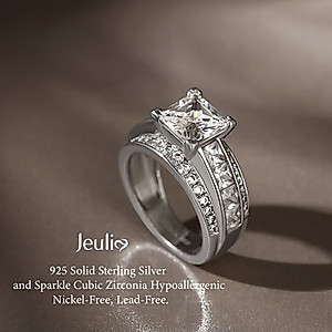 Jeulia Classic Princess Cut Sterling Silver Ring Cubic Zirconia Wedding Diamond Band Rings Engagement Bridal Anniversary Rings for her (Silver, 9.5)