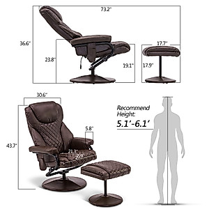 MCombo Recliner with Ottoman, Reclining Chair with Massage, 360 Swivel Living Room Chair Faux Leather, 4901 (Dark Brown)