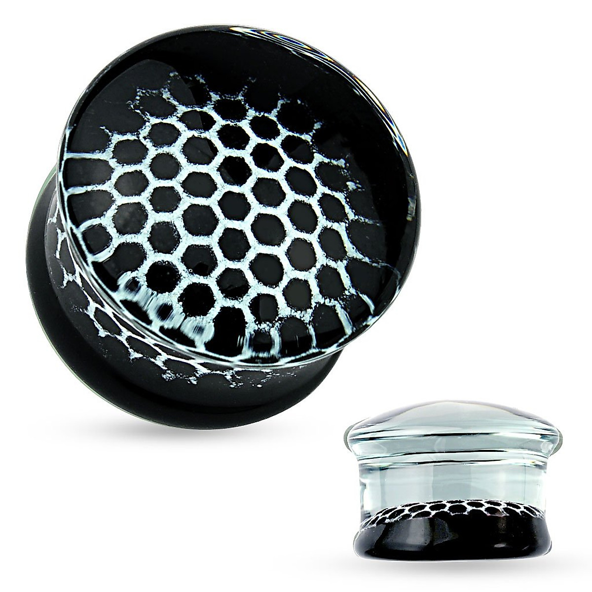 Black Honeycomb Pyrex Glass Double Flared WildKlass Plugs (Sold as a Pair)