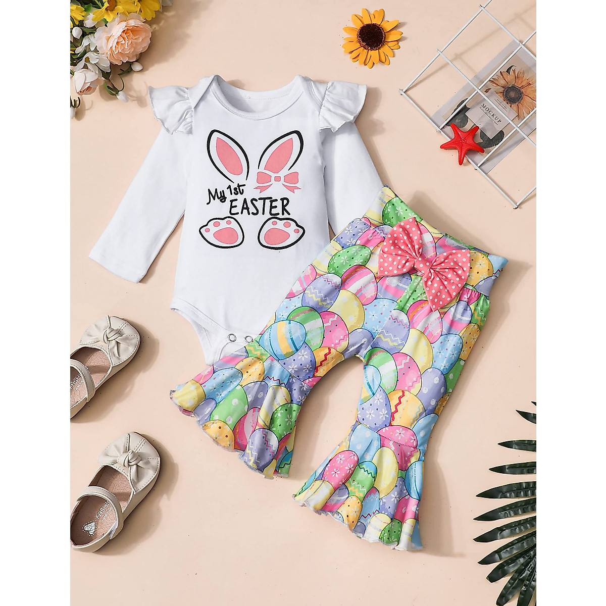 KANGKANG Easter Outfit Baby Girl 12 month Girl Clothes Rabbit Print Romper Flared Pants Pair of Hair Clips