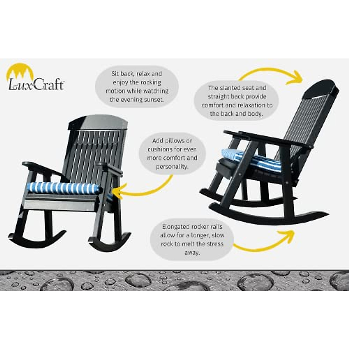 LuxCraft Plastic Poly Outdoor Rocking Chair, Front Porch Rocker, Patio Rocking Chair for Outside (Black)