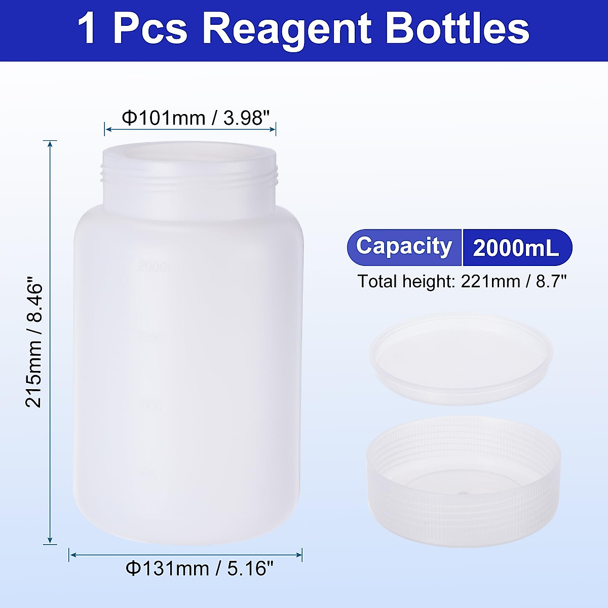 PATIKIL 2000ml Reagent Bottles, PE Wide Mouth Round Graduated Bottles with Screw Cap for Lab Water Reagent Liquids Solid Sample Storage Seal, Transparent White