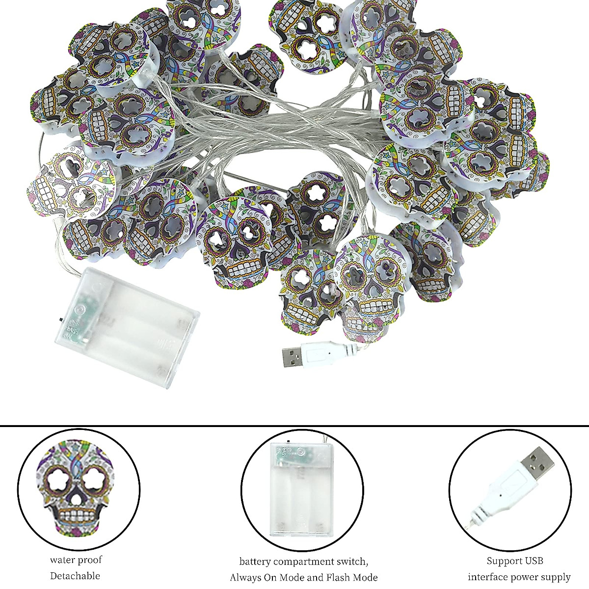 Halloween String Lights, 2 Packs Skull String Lights 30 LED Skull Lights 15ft Halloween Decoration Lights Battery/USB Powered Optional 2 Modes Halloween Lights Indoor Outdoor for Home Yard Patio