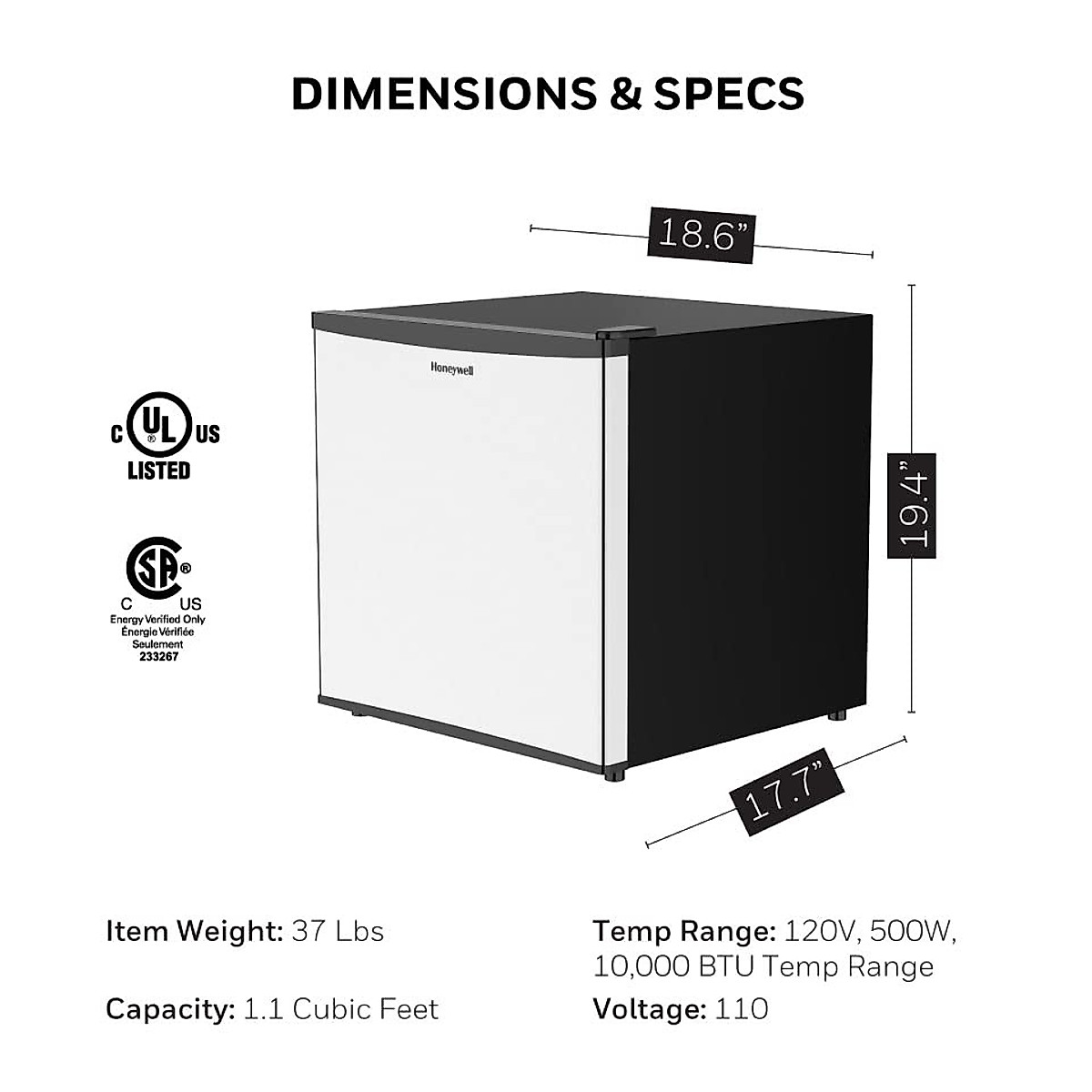 Honeywell Compact Refrigerator 1.6 Cu Ft Mini Fridge with Freezer, Single Door, Low noise, for Bedroom, Office, Dorm with Adjustable Temperature Settings, Stainless Steel