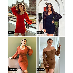 ZESICA Women's Sexy V Neck Ruched Bodycon Mini Dress Puff Long Sleeve Cocktail Wedding Party Short Dresses,Black,Large