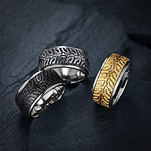 INRENG Men's Fashion Stainless Steel Spinner Ring Cool Car Motorcycle Tire Tread Biker Rings Band Black Size 8