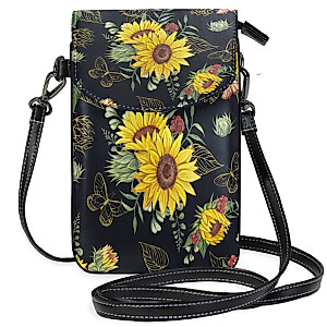 MNSRUU Leather Crossbody Bag Gold Butterflies And Sunflower Cell Phone Pouch Wallet with Credit Card Slots Small Shoulder Bag with Strap for Women