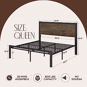 WEEWAY Queen Size Metal Platform Bed Frame with Wood Headboard, Industrial Rivets Design, Large Under Bed Storage, Mattress Foundation, No Box Spring Needed, Brown