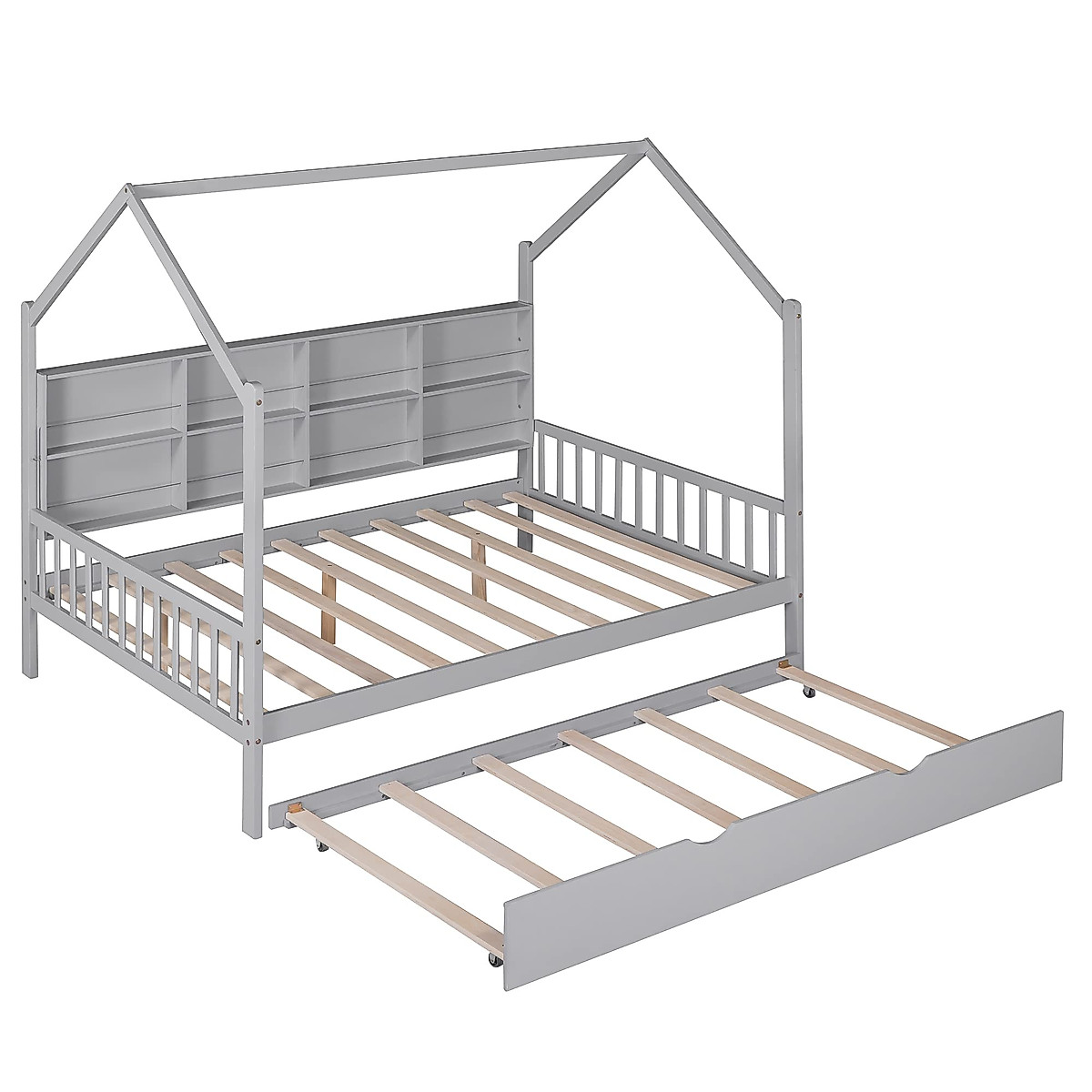 Merax Wood Full Multifunctional Montessori Daybed with Trundle/Storge Shelf Low Day Bed for Kids Boys Girls No Box Spring Needed Gray
