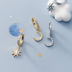 SLUYNZ 925 Sterling Silver Sparkling CZ Star Moon Small Hoop Earrings for Girls Women Asymmetric Star Moon Huggie Earrings (A-Silver)