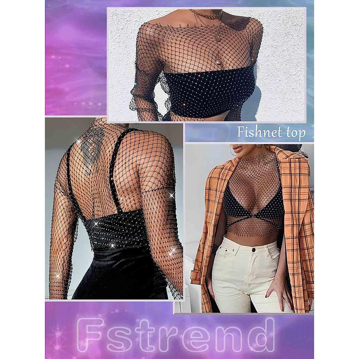Fstrend Mesh Body Chains Crystal Long Sleeve Fishnet Crop Tops Rhinestone See Through Cover up Bikini for Women