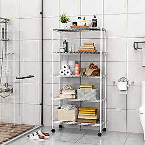 5 Tier NSF Metal Shelf Wire Shelving Unit, 60" H x 30" L x 14" D - 750lbs Capacity Heavy Duty Adjustable Storage Rack with Wheels & Shelf Liners for Closet Kitchen Garage Basement and More - White