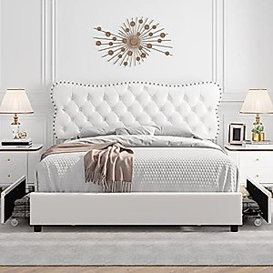 HOSTACK Full Bed Frame with 4 Storage Drawers, Upholstered Platform Bed Frame with Button Tufted Headboard, Heavy Duty Mattress Foundation with Wooden Slats, No Box Spring Needed (White, Full)