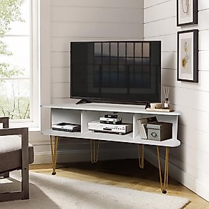 Corner TV Stand with 3 Open Divided Storage, Corner TV Console with Metal Feet and Anti-Slip Pads, Corner Entertainment Stand with Cable Hole, White