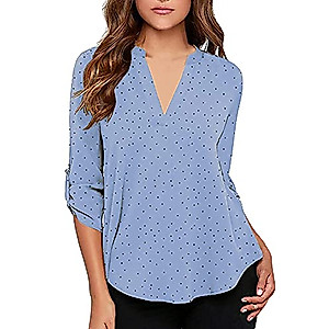 roswear Women's V Neck Long Sleeve Loose Fit Shirt Dressy Casual Blouses Baby Blue X-Large