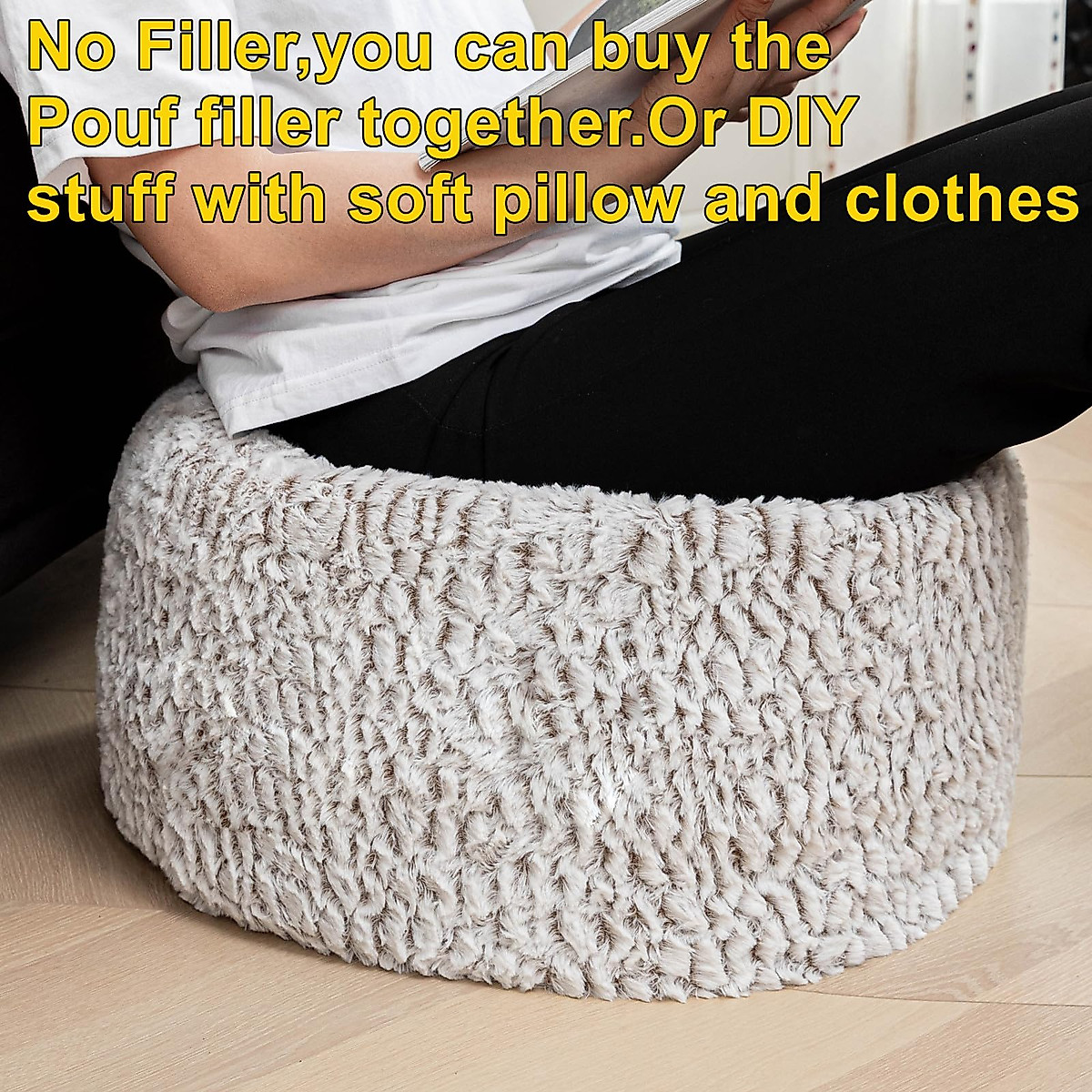 Asuprui Pouf Ottoman Unstuffed Pouf Ottoman Foot Rest No Filler Soft Fur Foot Stool 20x20x12 Inches Fuzzy Chair Floor Pouf Chair Foot Rest with Storage for Living Room Bedroom Snow Coffee Pouf Cover