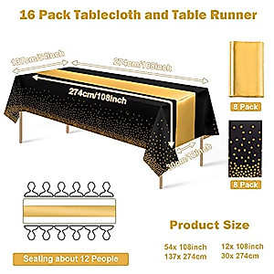 16Pack Disposable Plastic Tablecloths and Satin Table Runner Set Black Gold Dot Table Cloth Gold for Graduation Wedding Birthday Baby Shower Anniversary Holiday Party Decorations