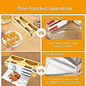 SHANGYIREN 3 in 1 Foil and Plastic Wrap Organizer with Sandwich Bag Plastic Wrap Dispenser with Cutter Ziplock Bag Organizer Kitchen Organization and Storage Bamboo Aluminum Foil Dispenser