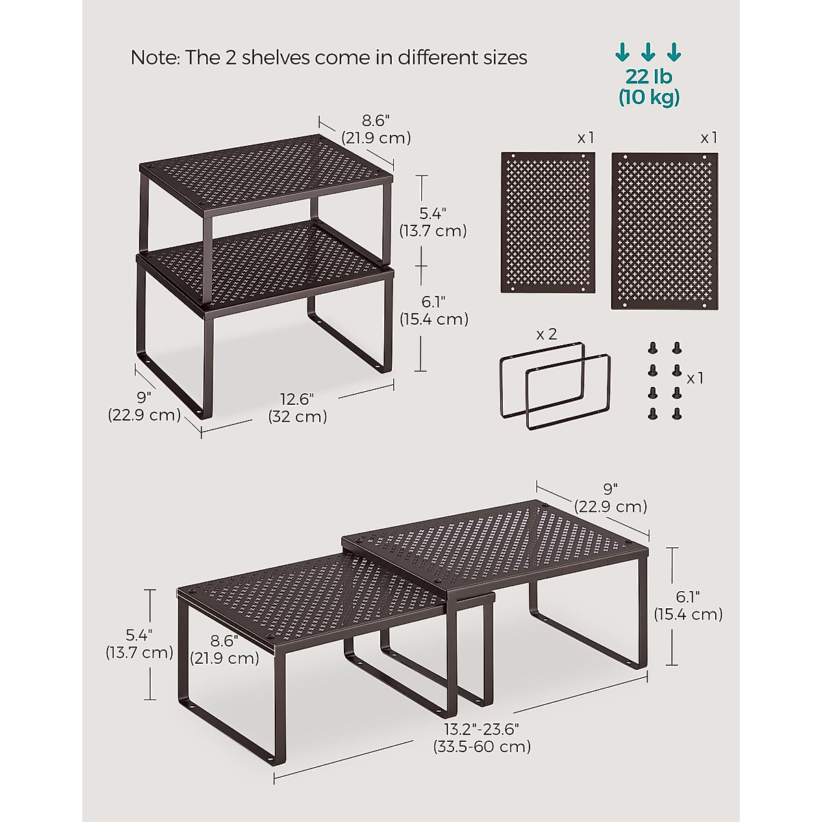 SONGMICS Cabinet Shelf Organizer, Stackable, Expandable, Set of 4 Metal Kitchen Counter Shelves, Brown UKCS06BR