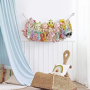 Stuffed Animal Net or Hammock, Macrame Plush Toy Holder, Large Handmade Wall Hanging Stuffed Animal Storage Mesh, Boho Doll Organizer Hammock for Kid's Room, Nursery, Bedroom, Playroom