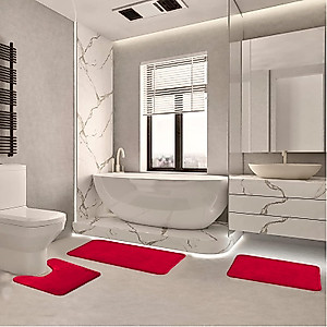 Red Bathroom Rugs Comfort Memory Foam 3 Piece Non-Slip Bath Mats, Absorbent Shaggy Rugs, Machine Wash, Perfect Plush Bathroom Mats, Bathroom Carpets Set with U-Shaped Toilet Bath Mats