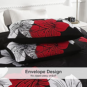 Menghomeus Black Comforter Set Full - Red and White Floral Comforter with 2 Pillowcases Modern Bedding Sets Lightweight Boho Bed Set for All Season (1 Comforter, 2 Pillowcases)