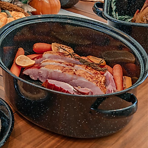 Granite Ware 19 inch oval roaster with Lid, Oval Rack included (Speckled Black) - design to accommodate up to 20 lb poultry/roast. Resists up to 932°F