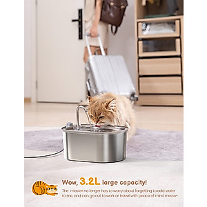 Stainless Steel Cat Water Fountain: 108oz/3,2L Pet Water Fountain with 8 Carbon Filter + 8 Sponge - Cat Fountains for Drinking Dishwasher Safe Design - SOOFPET