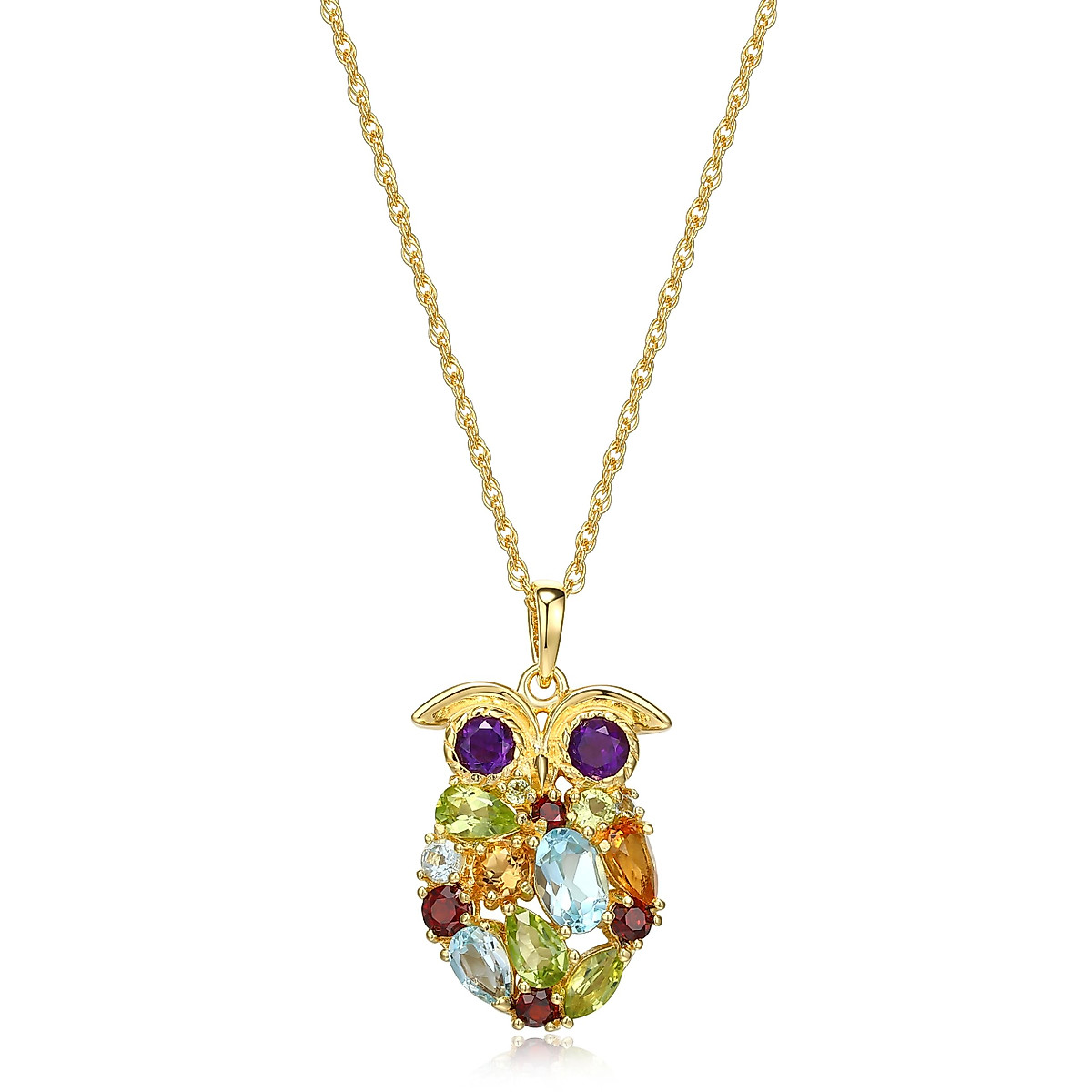 MORGAN & PAIGE 18k Yellow Gold Plated Sterling Silver Genuine Multi Gemstone Owl Pendant Necklace, 18"