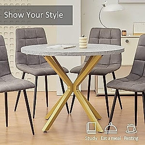 Round Dining Table, Modern Marble Kitchen Dining Table with Four Metal Legs, Marble Top Dining Table for Indoor Use Side Table for Kitchen Restaurant Living Room Casual Cafe（Grey）