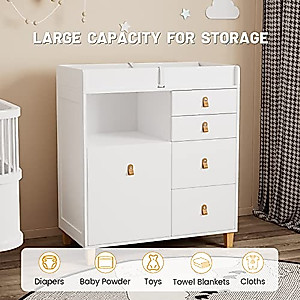 Timechee Baby Changing Table Dresser, 33.5" Baby Nursery Dresser with Drawers & Shelf, Wooden Storage Dresser Chest w/Changing Station for Infant Kids Bedroom, White