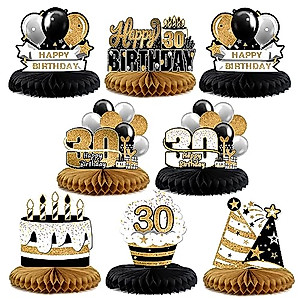 LINGTEER Happy 30th Birthday Black & Gold Paper Table Topper Centerpieces Set - 8 Pcs Cake Star Balloon Thirty Years Old Birthday 30th Bday Party Gift Decorations Sign.