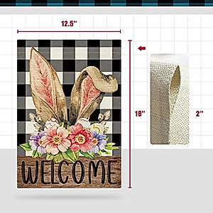 CMEGKE Easter Garden Flag, Easter Buffalo Plaid Bunny Ear Garden Flag, Spring Summer Garden Flag Rustic Vertical Double Sided Burlap Welcome Easter Rabbit Floral Holiday Party Farmhouse Yard Home Outside Decor 12.5 x 18 In