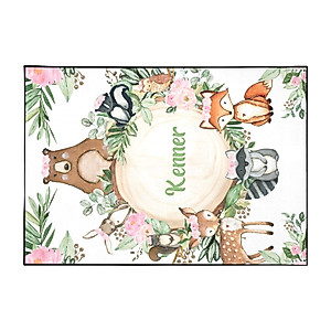 Greenery Wild Animals Personalized Non-Slip Area Rug Fiber Custom Carpet Name Text Floor Mat 5.2'x7.5' for Bedroom Living Room Home Decoration