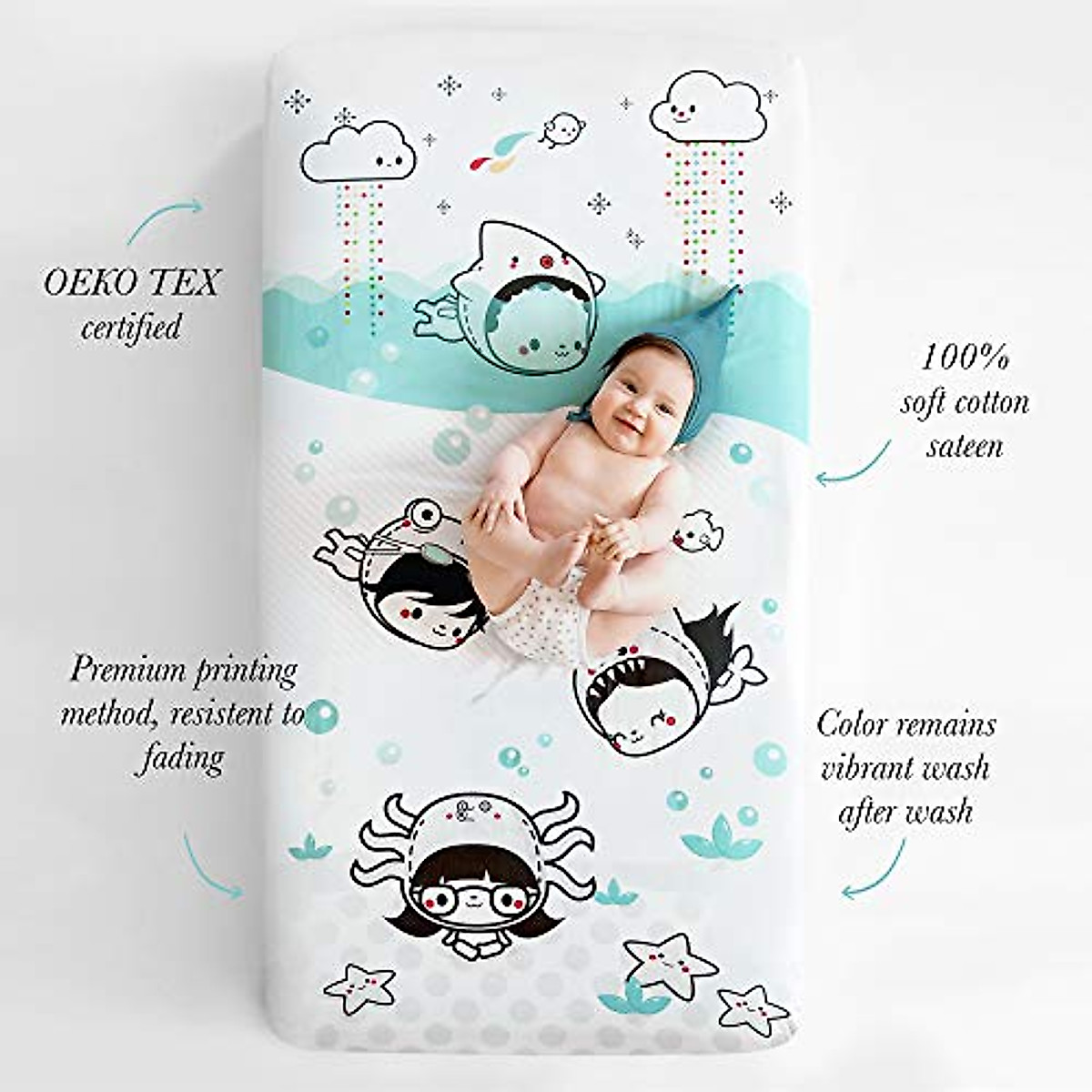 Rookie Humans 100% Cotton Sateen Fitted Crib Sheet: Dive in, Modern Nursery, Use as a Photo Background for Your Baby Pictures. Standard Crib Size (52 x 28 inches)