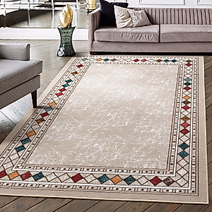 Antep Rugs Alfombras Modern Bordered 5x7 Non-Skid (Non-Slip) Low Profile Pile Rubber Backing Indoor Area Rugs (Beige, 5' x 7')