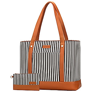 Laptop Tote Bag for Women, Water Resistant Canvas Womens Work Tote Bag, Large Capacity Shoulder Bag Fits 15.6 inches Laptop (Black and Brown)