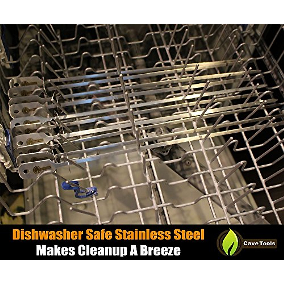 Cave Tools Skewers Set - 10 Stainless Steel Wide BBQ Kebob Sticks for BBQ Grill - Flat Metal with Food Remover Disc - BBQ Accessories, 17.3 Inch