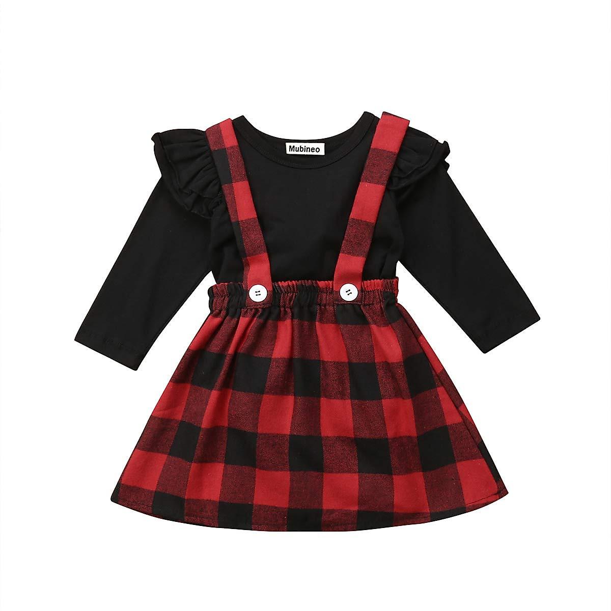 Mubineo Toddler Baby Girl Infant Plain T Shirts Plaid Overall Skirt Set Cotton Outfits (Black+Red, 6 Years)