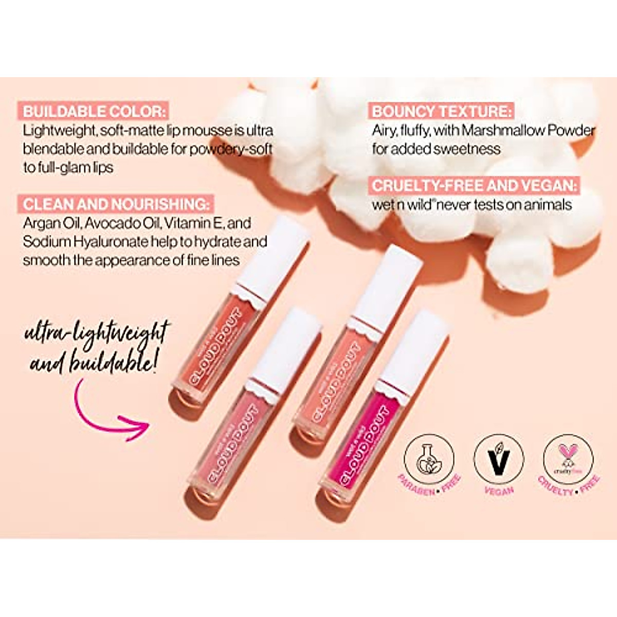 wet n wild Lip Cream Cloud Pout Marshmallow Matte Liquid Lipstick, Lip Mousse, Red Madness, Marshmallow Flavored