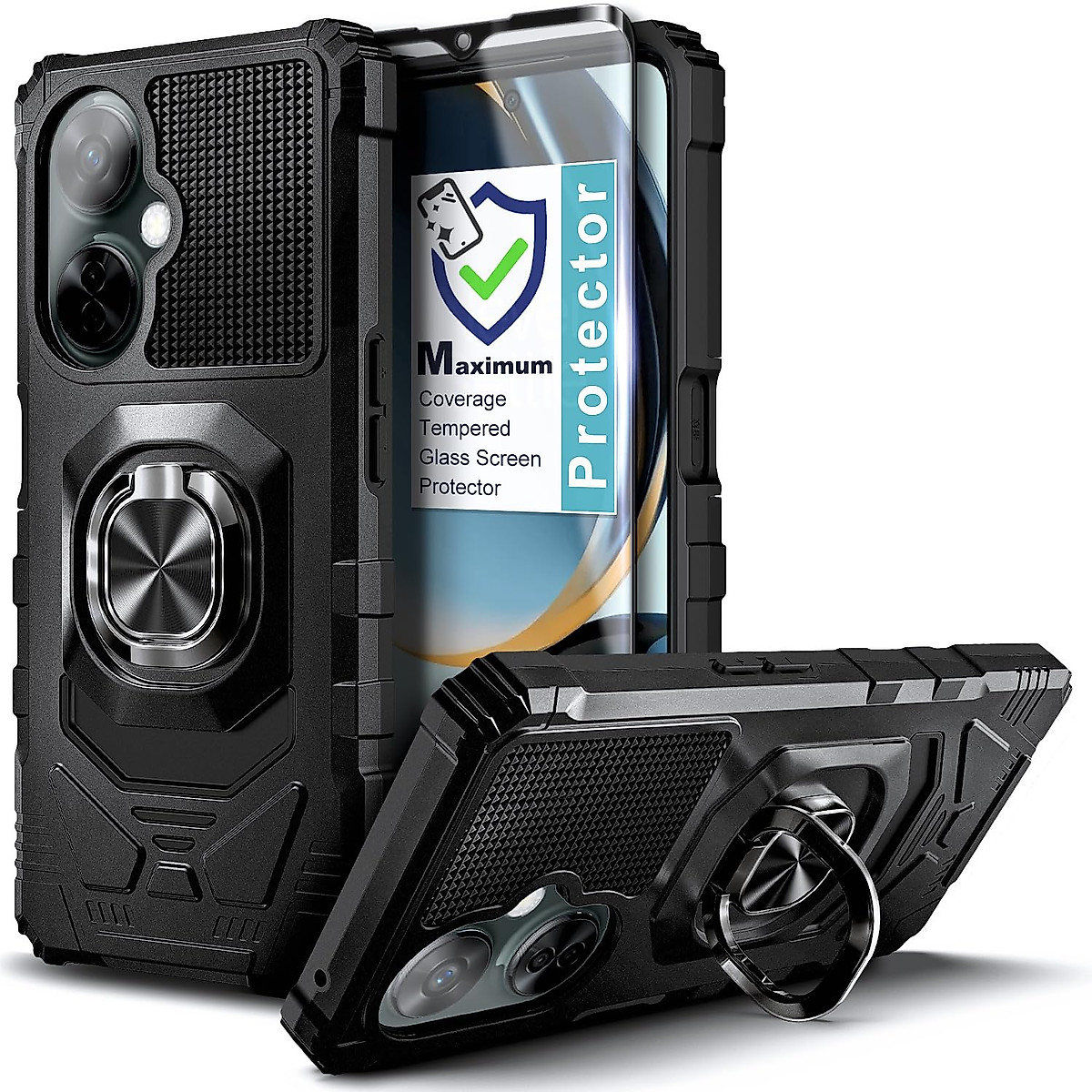 NZND Designed for OnePlus Nord N30 5G Phone Case, Full-Body Protective [Military-Grade], Magnetic Car Ring Holder Cover Case with Tempered Glass Screen Protector (Black)