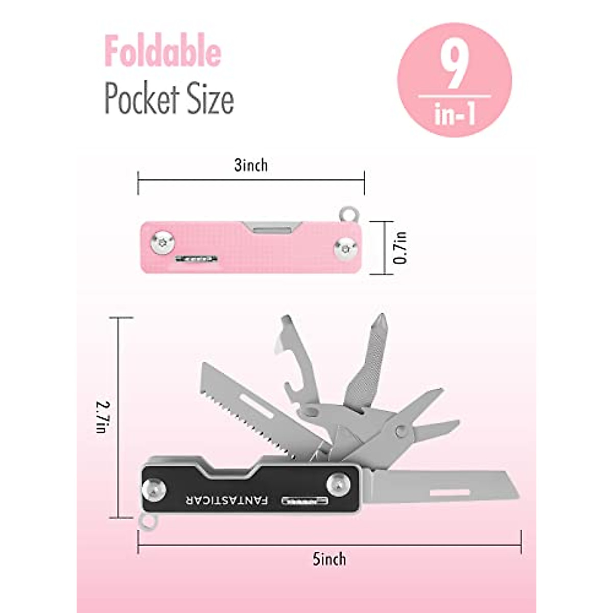 FantastiCAR 9 in 1 Multi-tool, EDC Folding Pocket Knife with Saw for Daily Needs, Outdoor Activities, Christmas Gifts (Pink)