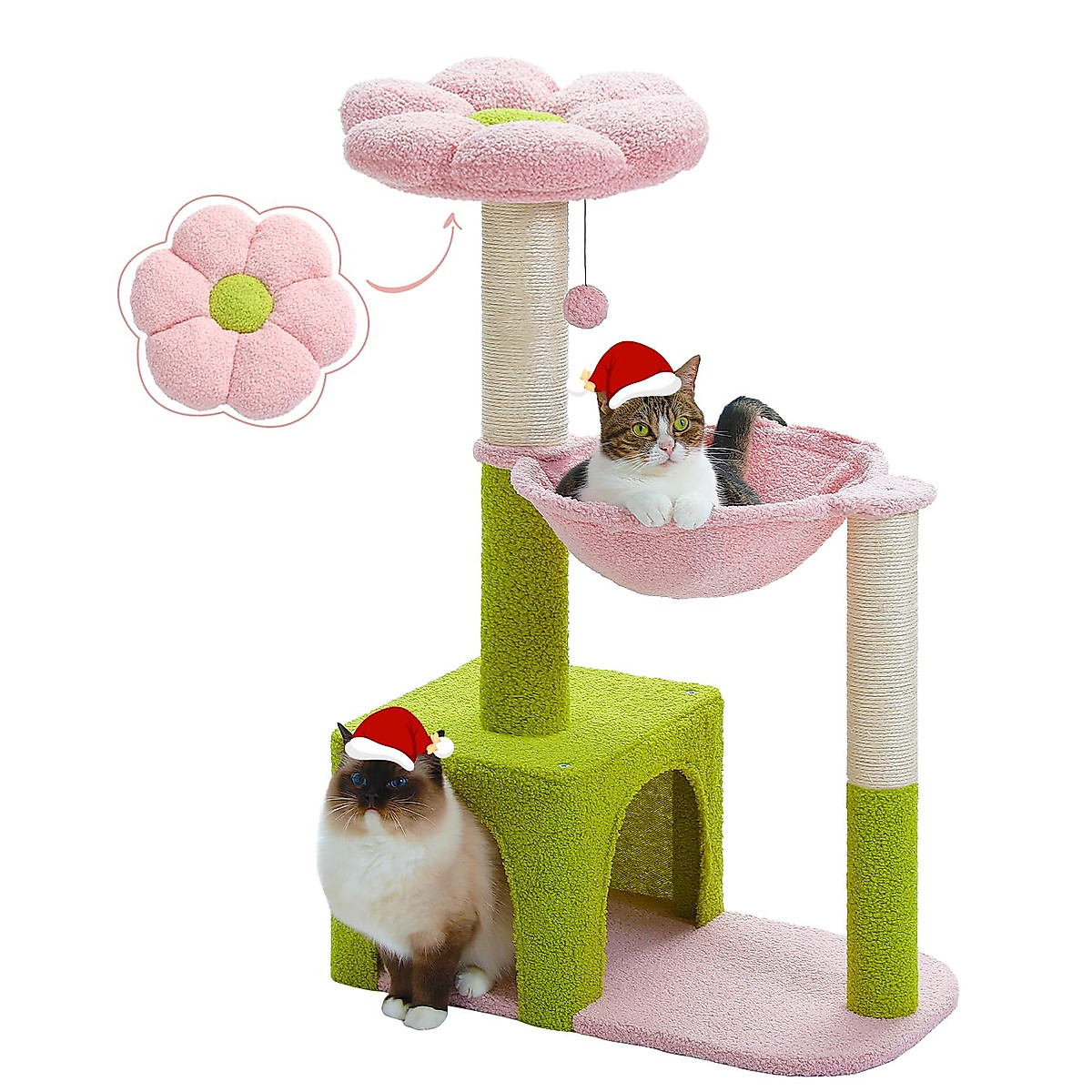 MUTTROS Flower Cat Tree with Large Metal Frame Hammock, 35" Cute Cat Tower with Sisal Scratching Posts for Small Indoor Cats, Cat Condo with Pink Top Perch for Kittens, Pink