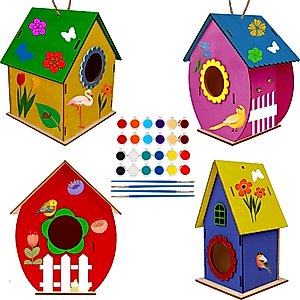 Glintoper Art Craft Wood Toys for Kids, 4 Pack DIY Bird House Kit Painting Puzzle DIY Wooden Assembly, Build and Paint Birdhouse, Include Paints & Brushes, Wooden Arts for Girls Boys Toddlers
