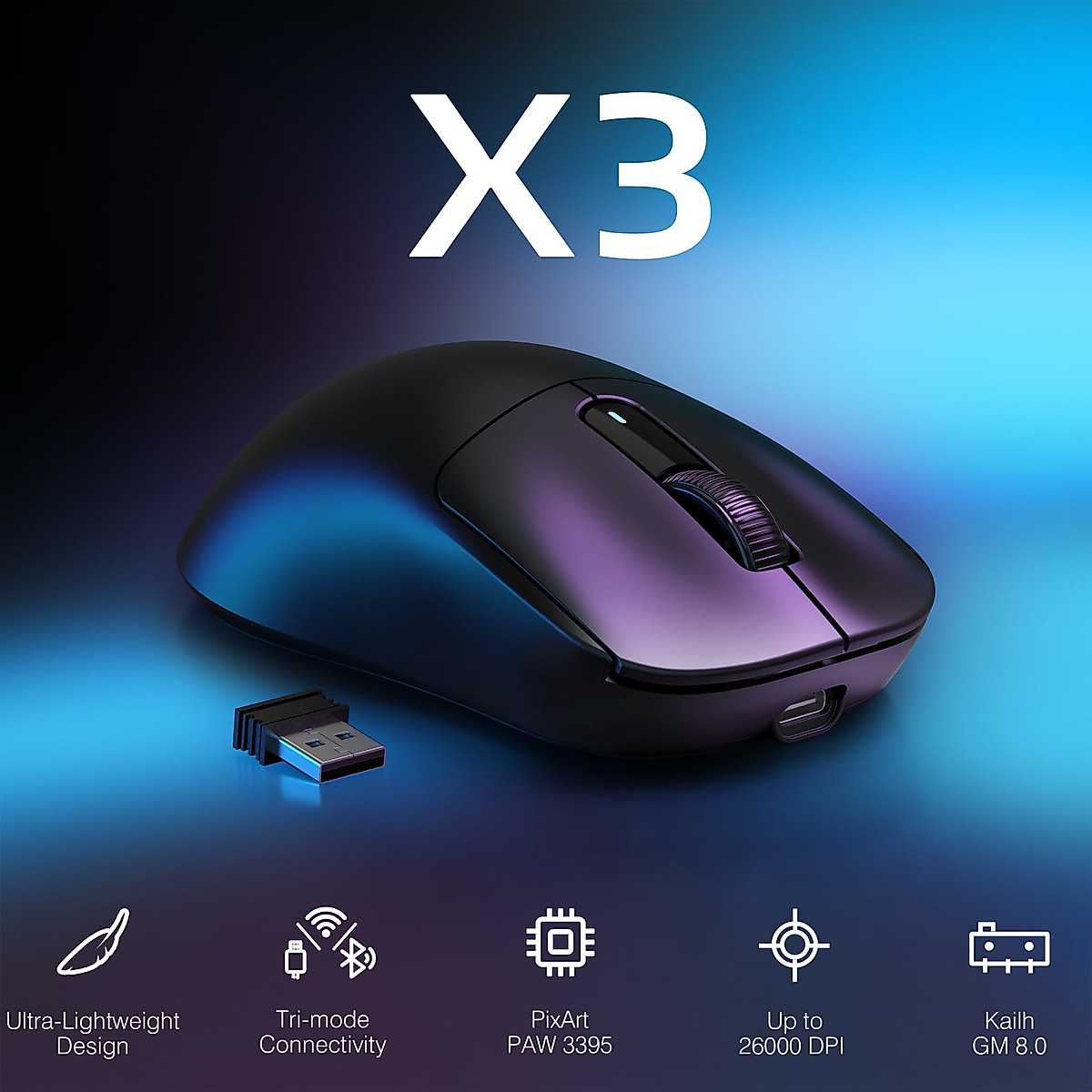 ATTACK SHARK X3 Wireless Gaming Mouse, 49g Ergonomic Computer Mouse, Triple Modes PAW3395 26K DPI Optical Sensor, 200h Battery Life, Programmable Buttons, Gaming Accessories for PC/Laptop/Mac (Black)