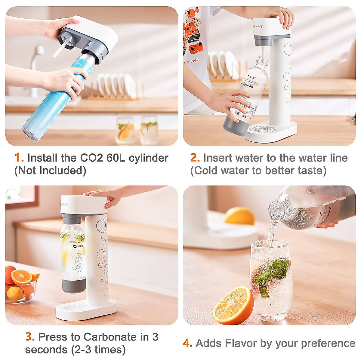 Mocsney Soda Maker, Sparkling Water Maker, Soda Maker Machine for Home Use with Safe-lock, Compatible with Any Screw-in 60L CO2 Cylinder (NOT Included)