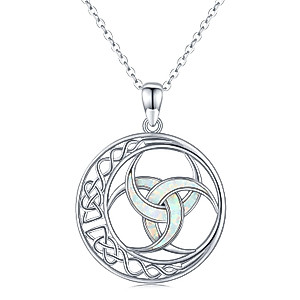 Midir&Etain Celtic Necklace for Women 925 Sterling Silver Celtic Moon Necklace Norse Mythology White Opal Pendant Necklace Crescent Triple Horn of Odin Necklaces Amulet Jewelry Gifts